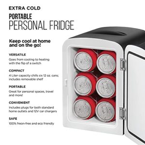 Chefman Mini Portable Personal Fridge Extra-Cold Or Warm, Compact Storage for Skin Care, Formula, Or Snacks, Fits 6 12-oz Cans, Lightweight 4-Liter Capacity, Black