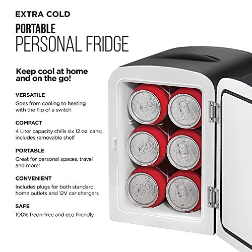 Chefman Mini Portable Personal Fridge Extra-Cold Or Warm, Compact Storage for Skin Care, Formula, Or Snacks, Fits 6 12-oz Cans, Lightweight 4-Liter Capacity, Black