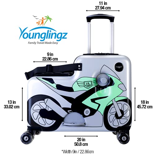 Younglingz Lil Flyer 20" kid ride on suitcase child stroller spinner luggage (Green Motorcycle)