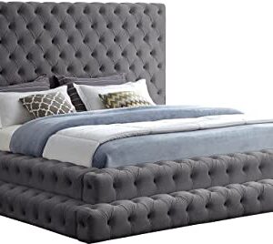 Meridian Furniture Revel Collection Velvet Upholstered Bed with Deep Button Tufting, King, Grey