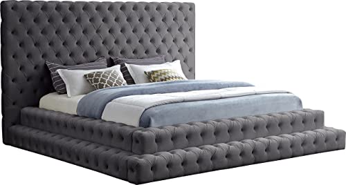 Meridian Furniture Revel Collection Velvet Upholstered Bed with Deep Button Tufting, King, Grey