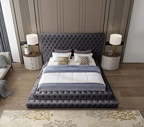 Meridian Furniture Revel Collection Velvet Upholstered Bed with Deep Button Tufting, King, Grey