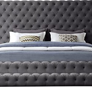 Meridian Furniture Revel Collection Velvet Upholstered Bed with Deep Button Tufting, King, Grey