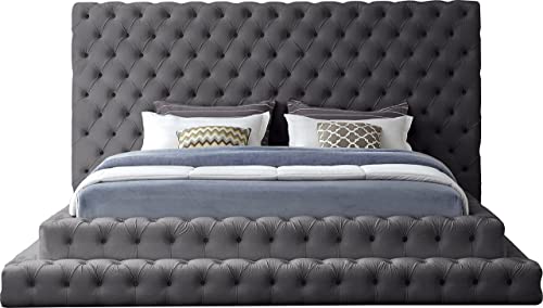 Meridian Furniture Revel Collection Velvet Upholstered Bed with Deep Button Tufting, King, Grey