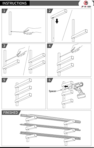 JF ROSSI Wood Storage Organizer Rack - Pack of 4 Heavy Duty - Complete with Work Gloves and Measuring Tape 3 Level Wall Mounted Metal Lumber Shelf