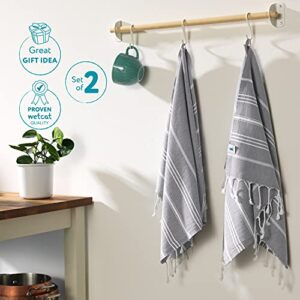 WETCAT Turkish Hand Towels with Hanging Loop (20 x 30) - Set of 2, 100% Cotton, Soft - Pre Washed Boho Farmhouse Kitchen Towels - Unique Decorative Hand Towels for Bathroom (Dark Gray)