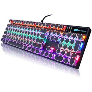 camiysn typewriter style mechanical gaming keyboard, black retro punk gaming keyboard with rgb backlit, 104 keys blue switch wired cute keyboard, round keycaps for windows/mac/pc