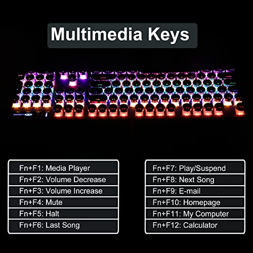 Camiysn Typewriter Style Mechanical Gaming Keyboard, Black Retro Punk Gaming Keyboard with RGB Backlit, 104 Keys Blue Switch Wired Cute Keyboard, Round Keycaps for Windows/Mac/PC