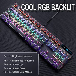 Camiysn Typewriter Style Mechanical Gaming Keyboard, Black Retro Punk Gaming Keyboard with RGB Backlit, 104 Keys Blue Switch Wired Cute Keyboard, Round Keycaps for Windows/Mac/PC