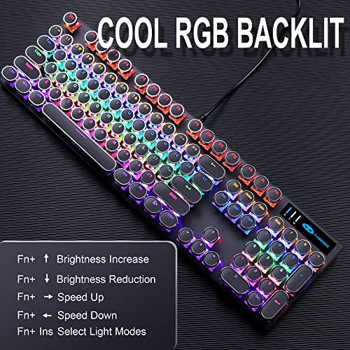 Camiysn Typewriter Style Mechanical Gaming Keyboard, Black Retro Punk Gaming Keyboard with RGB Backlit, 104 Keys Blue Switch Wired Cute Keyboard, Round Keycaps for Windows/Mac/PC