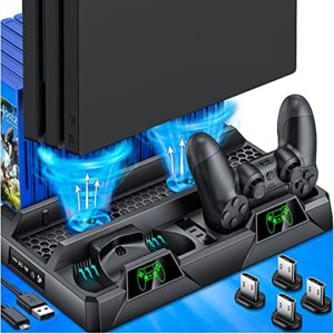 ps4 stand cooling fan for ps4 slim/ps4 pro/playstation 4, ps4 stand vertical stand cooler with dual controller charge station & 16 game storage, ps4 organizer stand with game storage ps4 accessories