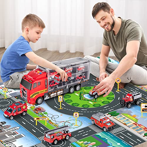 TEMI Toddler Toys for 3 4 5 6 Years Old Boys, Die-cast Emergency Fire Rescue Vehicle Transport Car Toy Set w/Play Mat, Alloy Metal Fire Truck Toys Set for Age 3-9 Toddlers Kids Boys & Girls