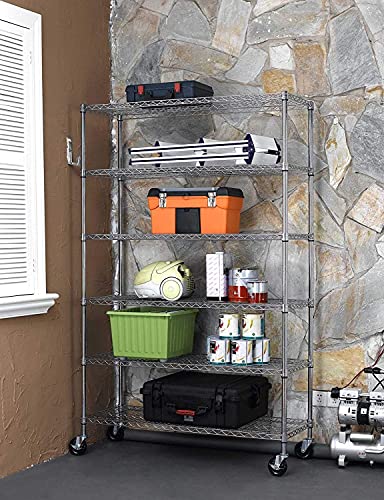 6 Tier Wire Shelving Unit Rack NSF Heavy Duty Height Adjustable Storage Shelf Metal Shelving with Wheels/Feet Levelers Garage Rack Kitchen Rack Office Rack Commercial Shelving - Chrome - 48x18x76