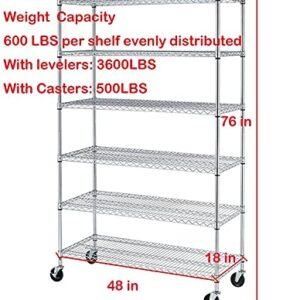 6 Tier Wire Shelving Unit Rack NSF Heavy Duty Height Adjustable Storage Shelf Metal Shelving with Wheels/Feet Levelers Garage Rack Kitchen Rack Office Rack Commercial Shelving - Chrome - 48x18x76