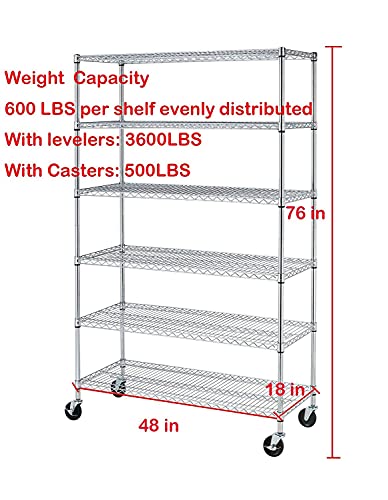 6 Tier Wire Shelving Unit Rack NSF Heavy Duty Height Adjustable Storage Shelf Metal Shelving with Wheels/Feet Levelers Garage Rack Kitchen Rack Office Rack Commercial Shelving - Chrome - 48x18x76