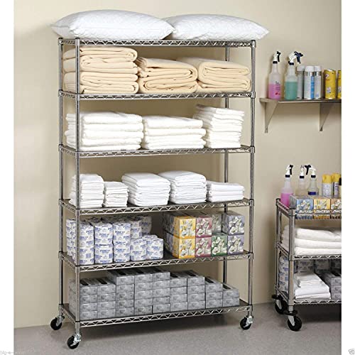 6 Tier Wire Shelving Unit Rack NSF Heavy Duty Height Adjustable Storage Shelf Metal Shelving with Wheels/Feet Levelers Garage Rack Kitchen Rack Office Rack Commercial Shelving - Chrome - 48x18x76