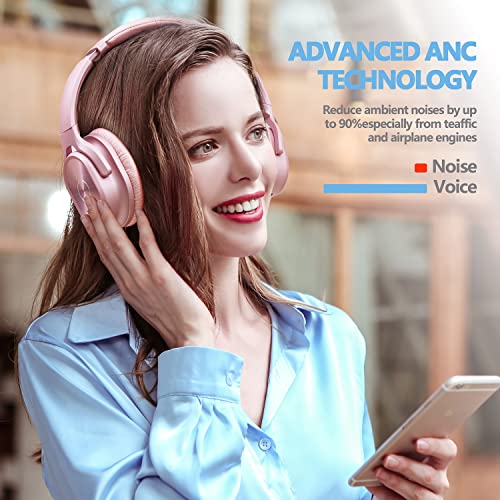 ZIHNIC Active Noise Cancelling Headphones, 40H Playtime Wireless Bluetooth Headset with Deep Bass Hi-Fi Stereo Sound,Comfortable Earpads for Travel/Home/Office (Rose Gold)