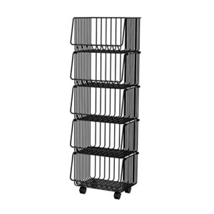 tyrhmy kitchen fruit rack vegetable stand cart on wheels with large metal baskets, utility storage shelf rolling cart kitchen organizer rack 5 tier shelves multipurpose organizer shelf,extra large