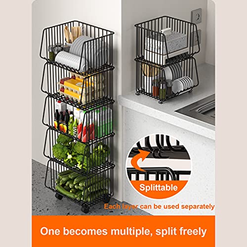 TYRHMY Kitchen Fruit Rack Vegetable Stand Cart on Wheels with Large Metal Baskets, Utility Storage Shelf Rolling Cart Kitchen Organizer Rack 5 Tier Shelves Multipurpose Organizer Shelf,Extra Large