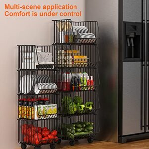 TYRHMY Kitchen Fruit Rack Vegetable Stand Cart on Wheels with Large Metal Baskets, Utility Storage Shelf Rolling Cart Kitchen Organizer Rack 5 Tier Shelves Multipurpose Organizer Shelf,Extra Large