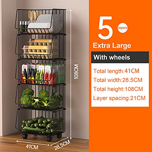 TYRHMY Kitchen Fruit Rack Vegetable Stand Cart on Wheels with Large Metal Baskets, Utility Storage Shelf Rolling Cart Kitchen Organizer Rack 5 Tier Shelves Multipurpose Organizer Shelf,Extra Large