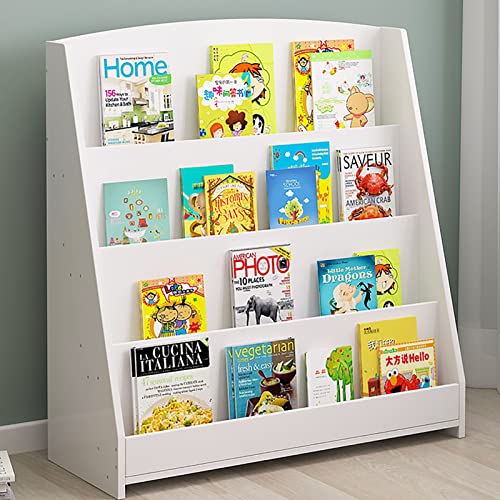 HM&DX Kids Bookshelf Wooden Toddler Bookcase Display Stand 4 Layers Wood Open Bookshelves Multi-Function Storage Children Sling Book Rack for Kids Room Playroom Nursery-White 31x12x35inch