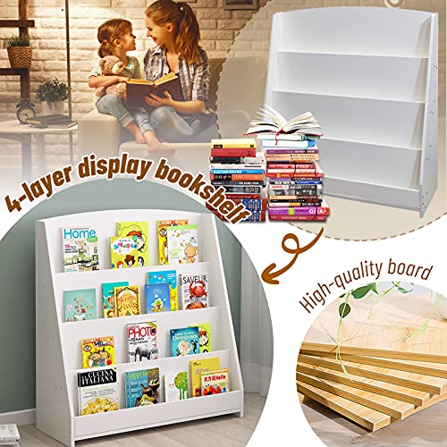 HM&DX Kids Bookshelf Wooden Toddler Bookcase Display Stand 4 Layers Wood Open Bookshelves Multi-Function Storage Children Sling Book Rack for Kids Room Playroom Nursery-White 31x12x35inch