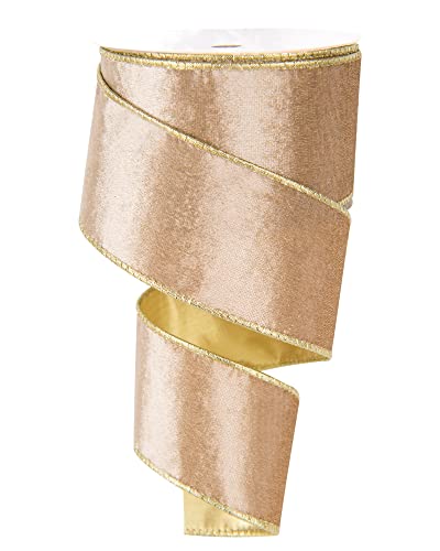 2.5Inch X 10 Yards Christmas Velvet Ribbon,2.5" Wide Wired Ribbon for Christmas Crafts Decoration, Wrapping Crafts (Champagne Gold)