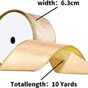 2.5Inch X 10 Yards Christmas Velvet Ribbon,2.5" Wide Wired Ribbon for Christmas Crafts Decoration, Wrapping Crafts (Champagne Gold)