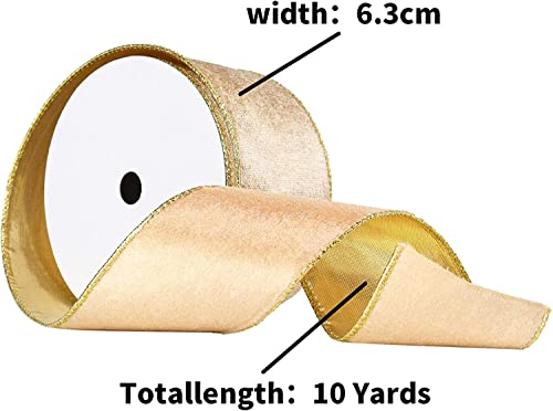 2.5Inch X 10 Yards Christmas Velvet Ribbon,2.5" Wide Wired Ribbon for Christmas Crafts Decoration, Wrapping Crafts (Champagne Gold)