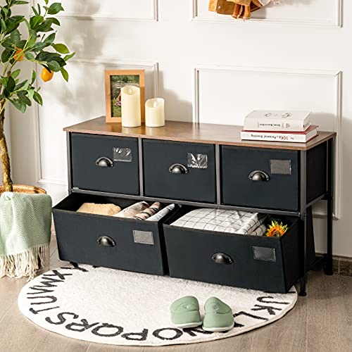 Giantex Drawer Storage Dresser, Wide Storage Organizer Unit with Labels, Steel Frame & 5 Removable Fabric Bins, Vertical Dresser Tower for Living Room, Bedroom, Closet, Entryway, Office (Black)