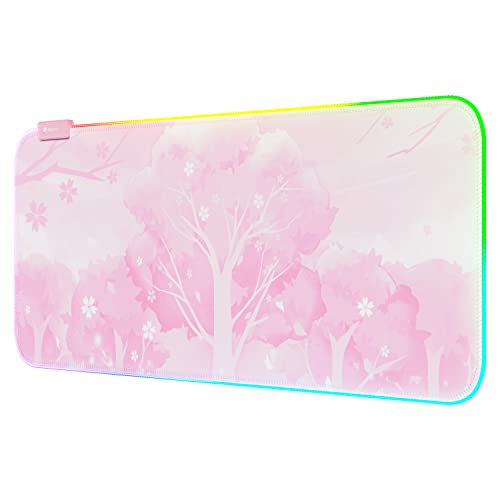 Pink RGB LED Gaming Mouse Pad, 14 Modes Glow Pad, Extra Large Gaming Mousepad,Waterproof Rubber Non Slip Cute Sakura Mat, Extended Big Keyboard and Mouse Pad Mat for Gamer Office Home, 800×300×4mm