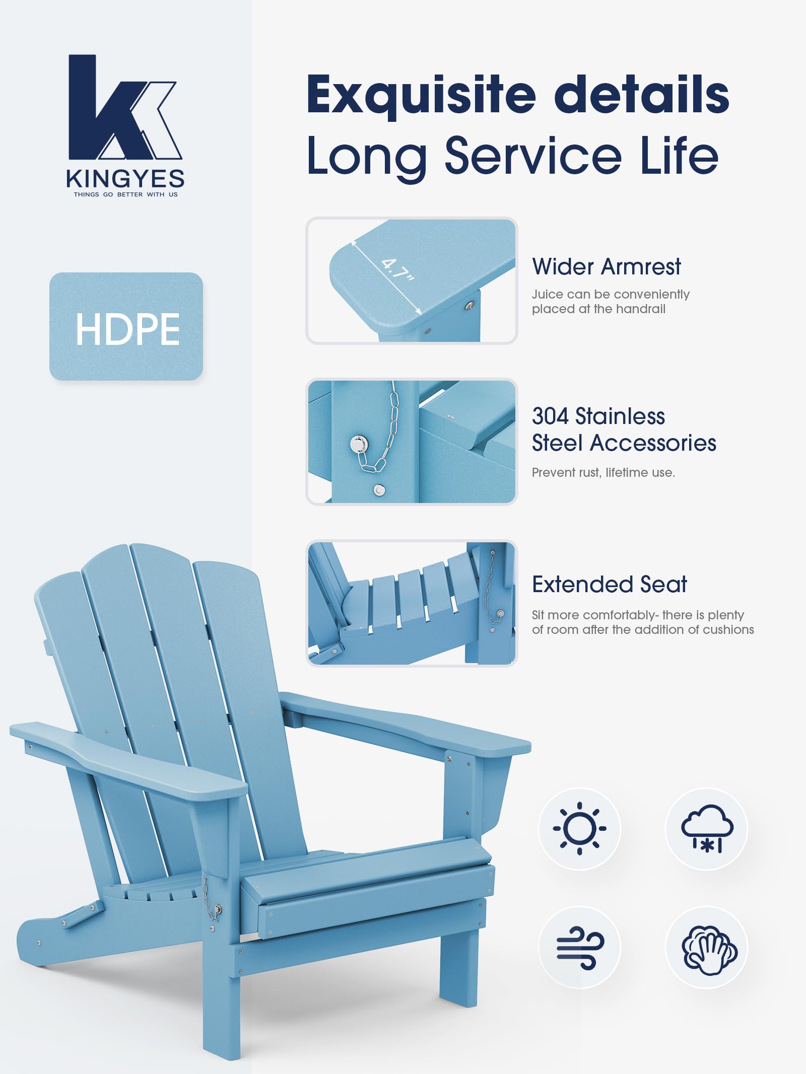 KINGYES Folding Adirondack Chair, HDPE All-Weather Folding Adirondack Chair, Light Blue