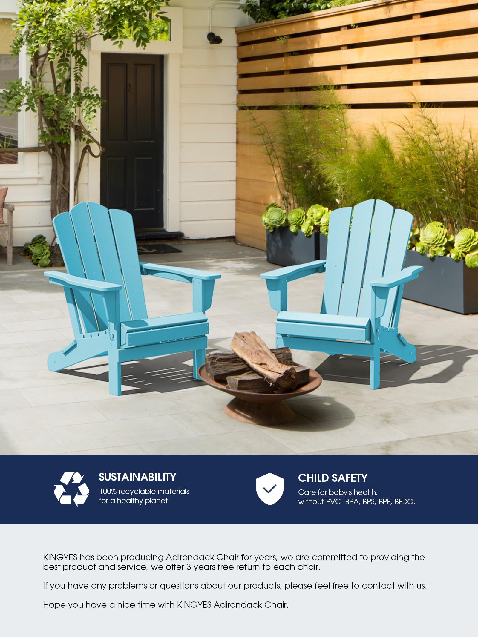 KINGYES Folding Adirondack Chair, HDPE All-Weather Folding Adirondack Chair, Light Blue