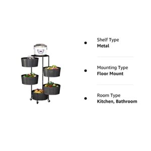 Kitchen Storage Rack with Wheels Round Standing Rack for Livingroom Rotating Organizer Household Storage Shelf Black 5F