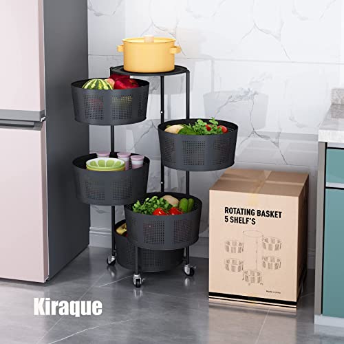 Kitchen Storage Rack with Wheels Round Standing Rack for Livingroom Rotating Organizer Household Storage Shelf Black 5F