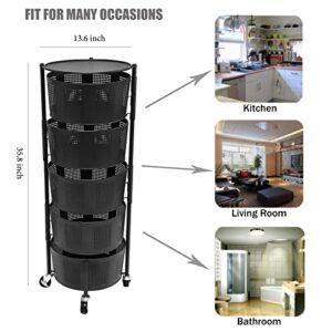 Kitchen Storage Rack with Wheels Round Standing Rack for Livingroom Rotating Organizer Household Storage Shelf Black 5F