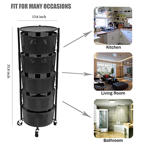 Kitchen Storage Rack with Wheels Round Standing Rack for Livingroom Rotating Organizer Household Storage Shelf Black 5F