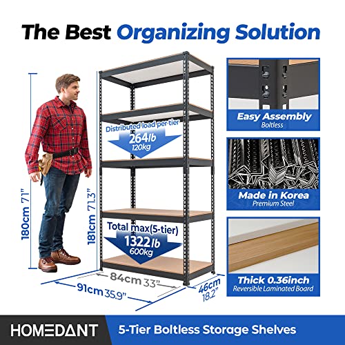 HOMEDANT 5 Tier Laminated Metal Shelving Unit Adjustable Garage Storage Utility Rack Heavy Duty Shelves Organization Multipurpose Shelf Warehouse Basement Pantry Shed 35.9" W x 18.2" D x 71.3" H 1Pack