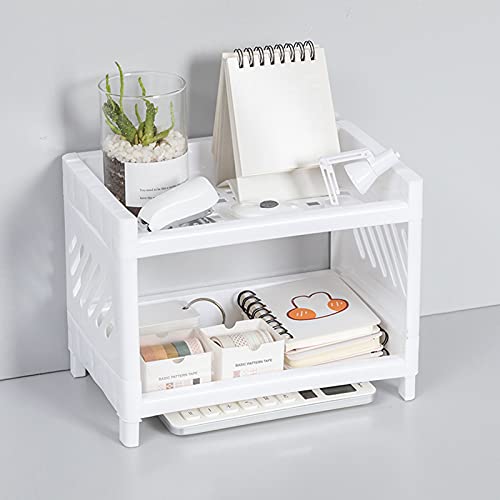 Storage Shelf, Storage Shelf Double Tiers Multi-Function Plastic Cosmetic Sundries Organizer for Home White 9.45" x 5.91" x 7.09"