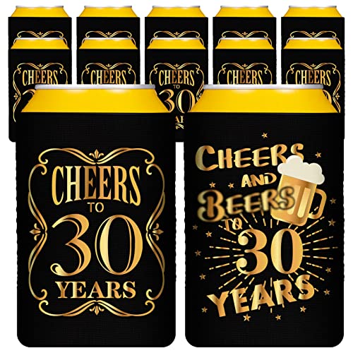 FANKUTOYS 30th Birthday Can Cooler Sleeves, Neoprene Beverage Bottle Can Sleeves - 30th Party Anniversary Decorations and 30th Birthday Gift for Men & Women, Black & Gold (12 Pcs)