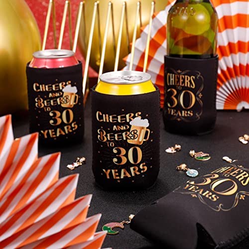 FANKUTOYS 30th Birthday Can Cooler Sleeves, Neoprene Beverage Bottle Can Sleeves - 30th Party Anniversary Decorations and 30th Birthday Gift for Men & Women, Black & Gold (12 Pcs)