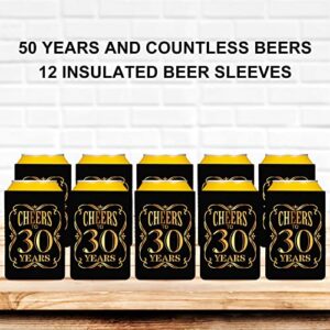 FANKUTOYS 30th Birthday Can Cooler Sleeves, Neoprene Beverage Bottle Can Sleeves - 30th Party Anniversary Decorations and 30th Birthday Gift for Men & Women, Black & Gold (12 Pcs)