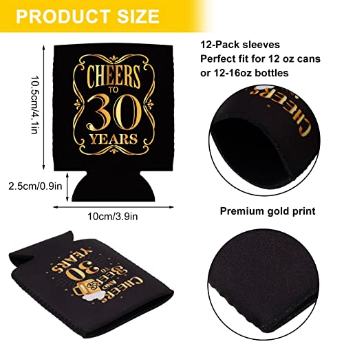 FANKUTOYS 30th Birthday Can Cooler Sleeves, Neoprene Beverage Bottle Can Sleeves - 30th Party Anniversary Decorations and 30th Birthday Gift for Men & Women, Black & Gold (12 Pcs)