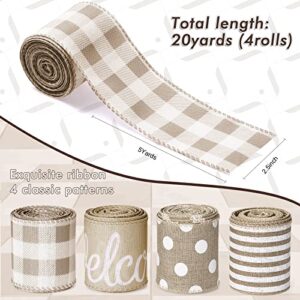 20 Yards Farmhouse Ribbon 4 Rolls Welcome Stripe Dot Buffalo Plaid Ribbon Wired Rustic Polyester Ribbon for Christmas Wreaths Assorted DIY Present Wrapping Floral Bow Craft Decor (Natural)