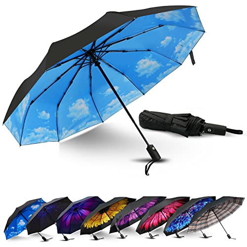 LLanxiry Umbrella Windproof Travel Umbrellas for Rain Black Folding Umbrellas 10 RIBS Automatic Strong Portable Wind Resistant Backpack Umbrella for Men and Women (High clouds)