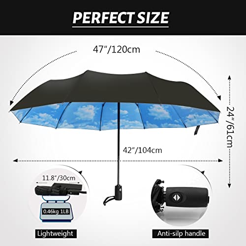 LLanxiry Umbrella Windproof Travel Umbrellas for Rain Black Folding Umbrellas 10 RIBS Automatic Strong Portable Wind Resistant Backpack Umbrella for Men and Women (High clouds)