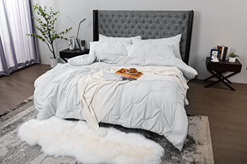 JUDVX Twin Size Comforter Sets, 8 Pieces Bedding Sets, Grey Pinch Pleat Pintuck Twin Bed in A Bag with Down Comforters, Sheets, Pillowcases & Shams