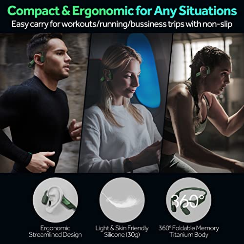 mojawa Open-Ear Bone Conduction Headphones- Wireless Microphones Headsets w/ 5.0 Bluetooth Echo Cancellation IP67 Sweatproof Workouts Earphones for Sports Running Hiking Cycling Office Meeting(Green)