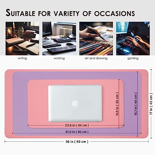 Compact Dual Sided Leather Desk Mat - Desk Pad for Office and Home - Desk Organization and Accessories - Ideal for Large Mouse Pad and Small Desk Mats on Top of Desks(Pink+Purple,23.6"x 11.8")